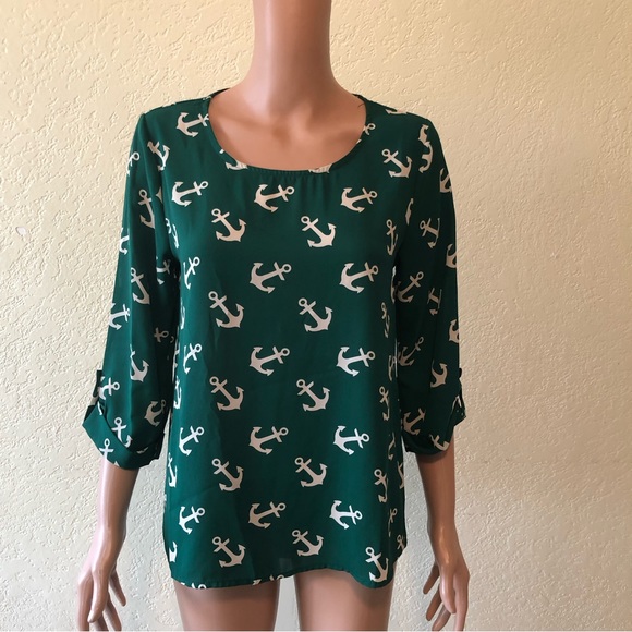 Everly | Tops | Everly Womens Size S Blouse Hunter Green Sailor Anchors ...